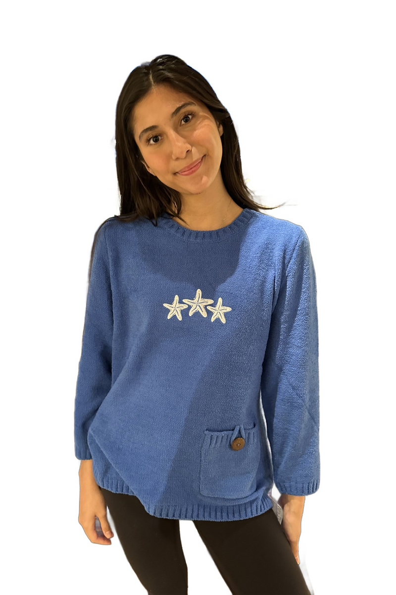 Three Starfish Chenille Embroidered Sweater with Pocket ...